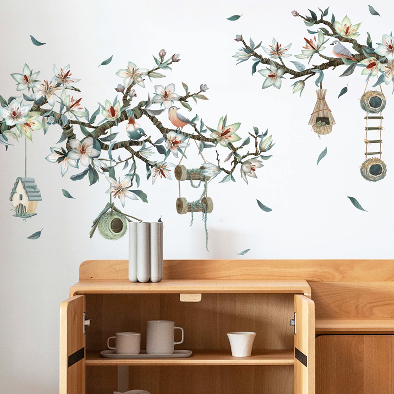 Birds on Magnolia Tree Branches Wall Stickers, ULENDIS DIY Removable White Blossom Flower Wall Decals, Birdcage Murals Wall Decor for Home Bedroom Living Room Corridor Stair