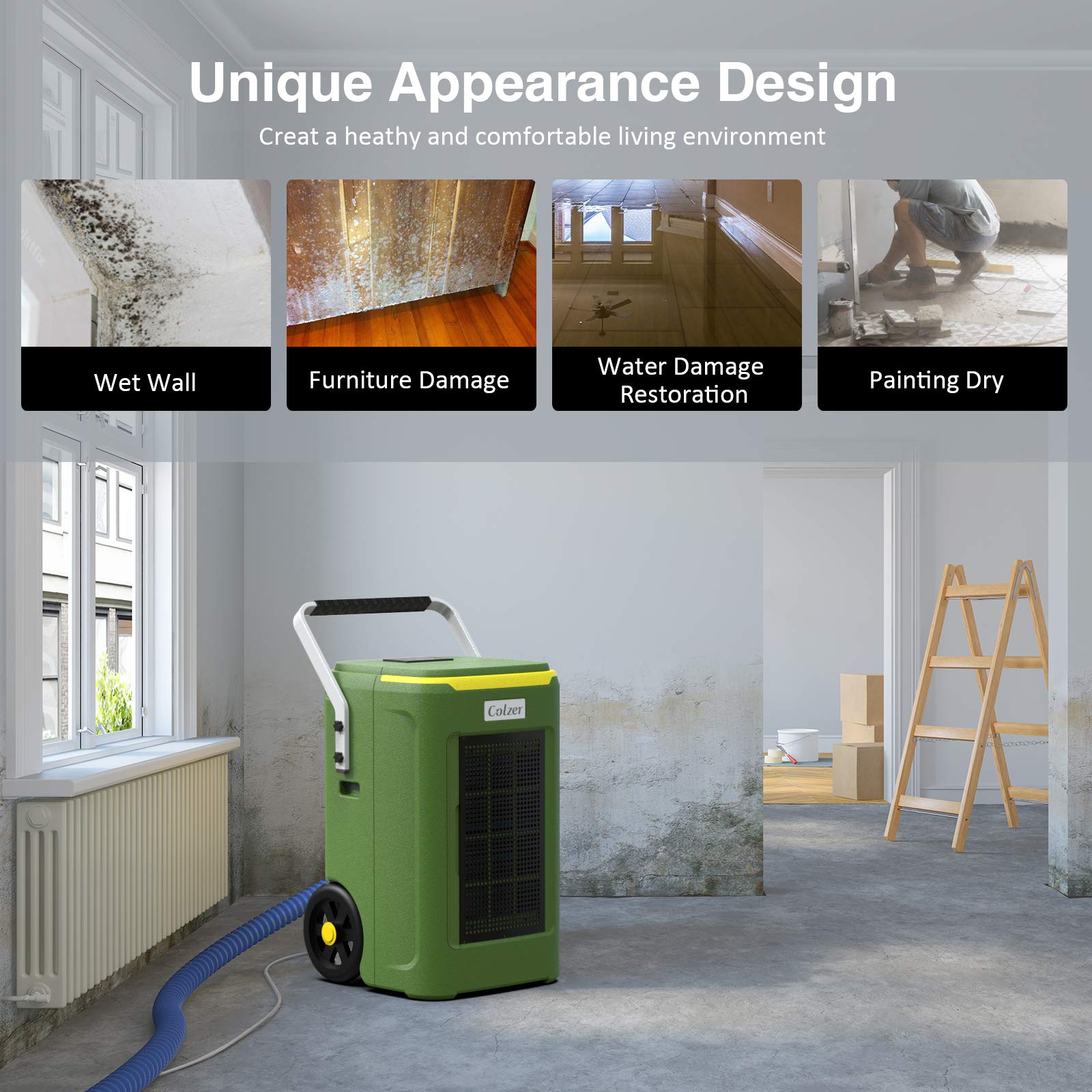 COLZER 180 Pints up to 7,000 Sq. Ft Commercial Dehumidifier Includes Pump & Drain Hose, Powerful Compressor Fast Draw Air for Water Damage, Ideal for Basements, Building Sites, Warehouse