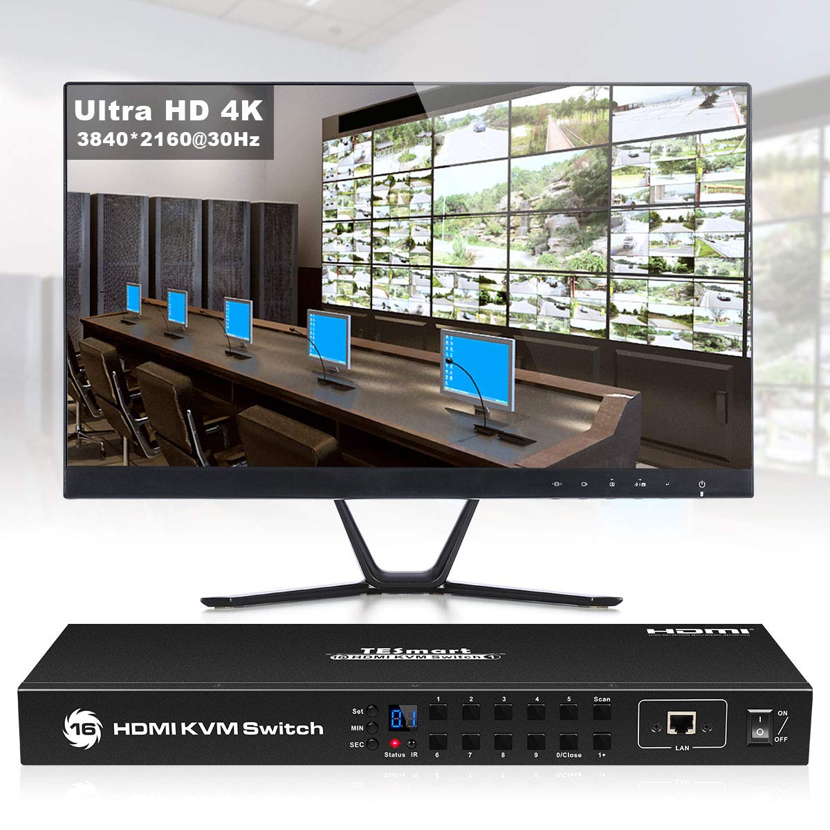 TESmart 4K UHD 16 Ports HDMI KVM Switch, Console Rack Mount Switch with 8 Pcs 5ft KVM Cable, USB 2.0 Device 16 Port Inputs, Control up to 16 Computers/Servers, with RS232 and LAN Port