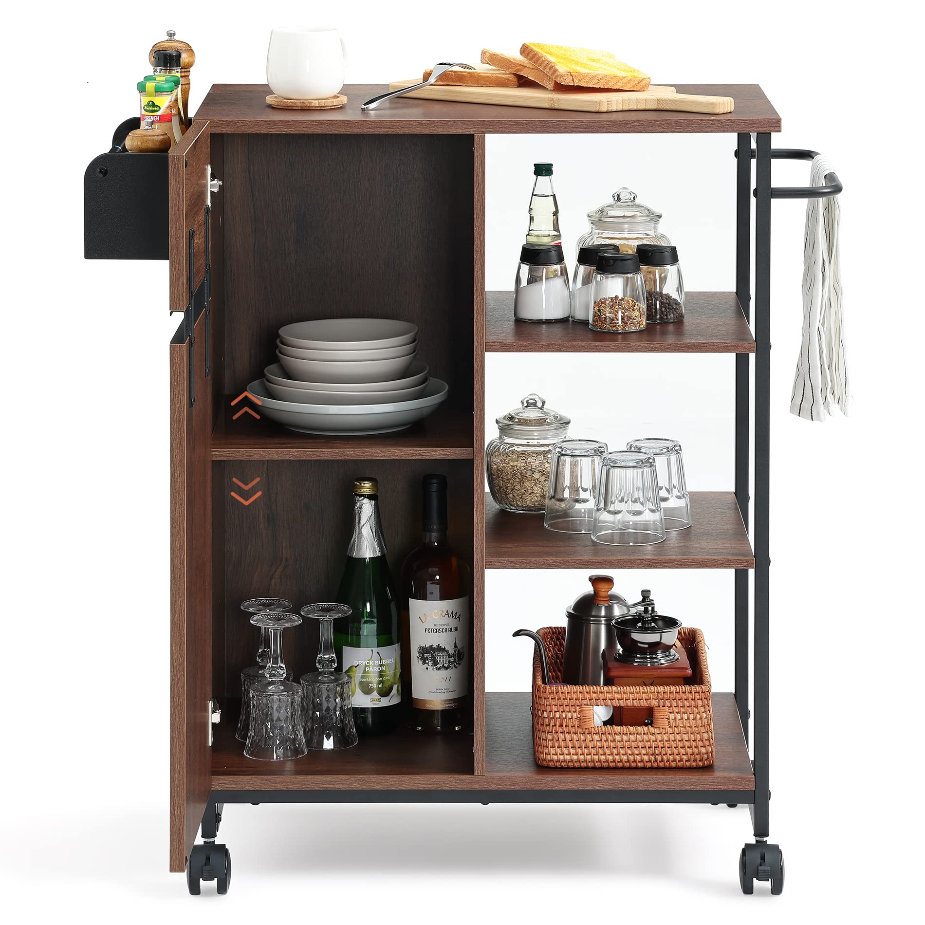 WAMPAT Kitchen Island with Open Shelf,Rolling Cart with Spice and Towel Rack for Small Space