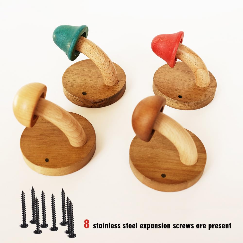 Auntzyj Wooden Mushroom Coat Hooks, Wall Mounted Towel Hanger, Solid Wood, Colorful, Set of Hooks with Screws (4 Hooks & 8 Screws)