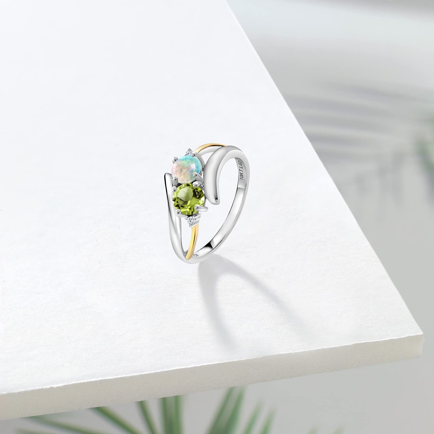 925 Sterling Silver and 10K Yellow Gold Round Cabochon White Simulated Opal Green Peridot and Lab Grown Diamond 2 Stone Crossover Ring For Women (1.07 Cttw, Available 5,6,7,8,9) (Size 6)