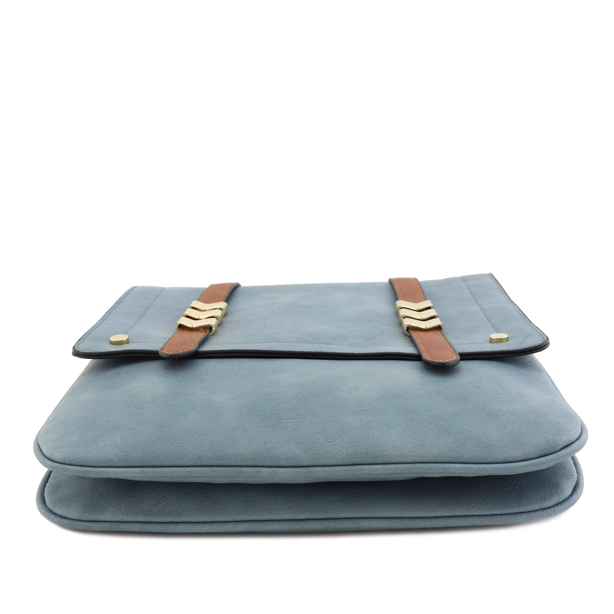 ALYSSA Double Compartment Large Flapover Crossbody Bag with Colorblock Straps (Blue Grey/Brown)