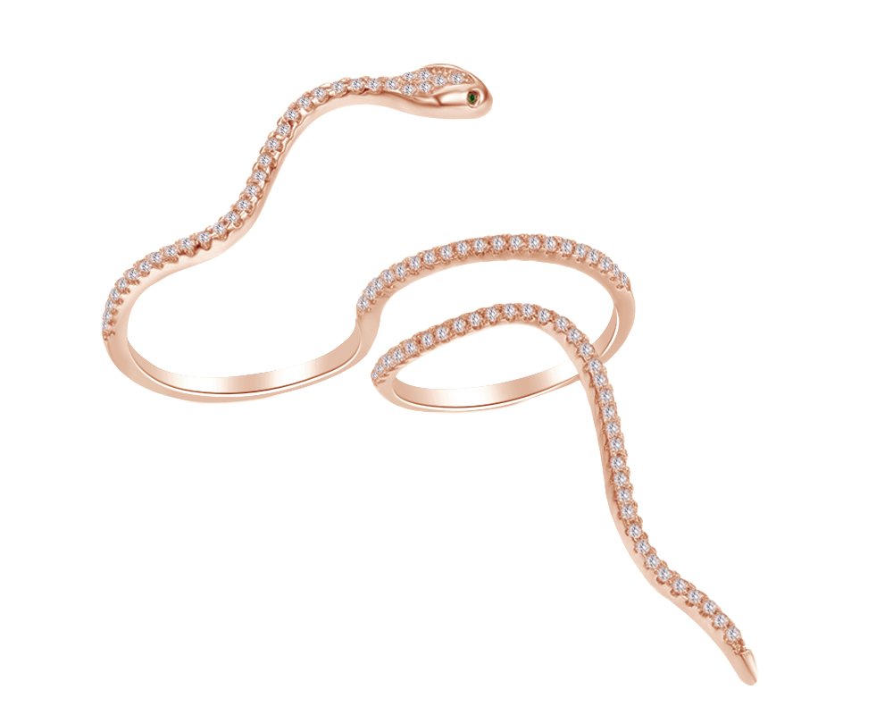 AFFY Round Shape White CZ Snake Ring with Green Emerald Eye Tiny Jewelry for Women's in 14K Rose Gold Over Sterling Silver,Ring Size-11