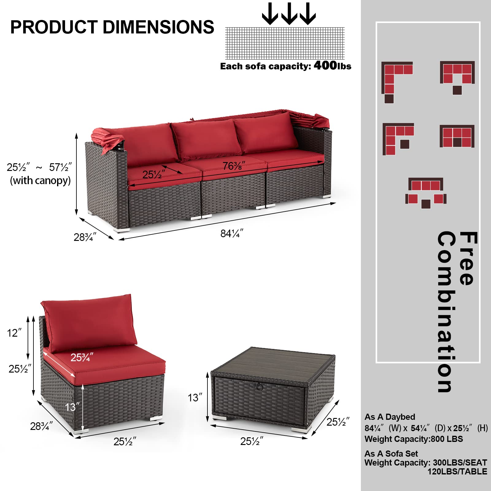 HOMREST 6 Pieces Patio Furniture Sets, Rattan Daybed with Retractable Canopy, Outdoor Sectional Sofa Set with Adjustable Backrest, Chaise Chair Sunbed for Garden Poolside Backyard (Wine Red)
