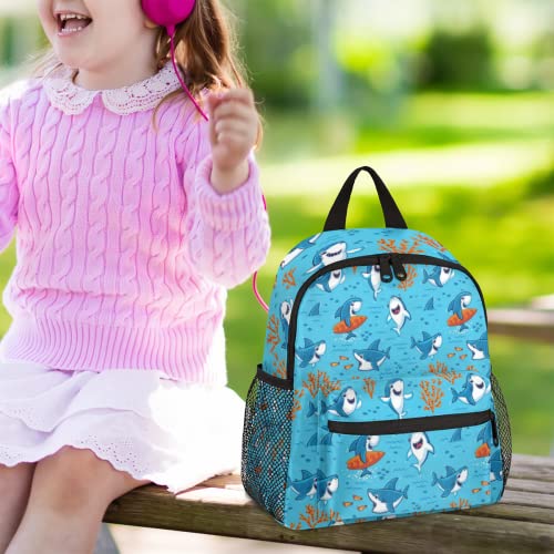 cfpolar Shark Kids Backpack for Boys, Ocean Sea Coral 12 Inches Blue Toddler Backpacks, Preschool Children Backpack Nursery Kindergarten Bookbag with Chest Strap