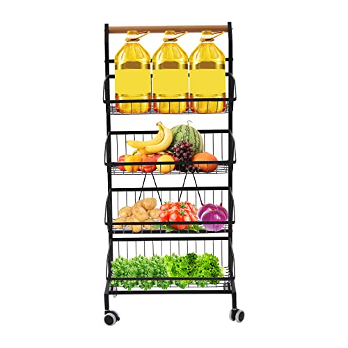 KIOPOWQ Fruit Basket, 4-Tier Rolling Utility Cart with Handle, Multi-Functional Vegetable Storage Trolley Fruit Basket Free-Standing Organizer for Kitchen Office, Living Room Black
