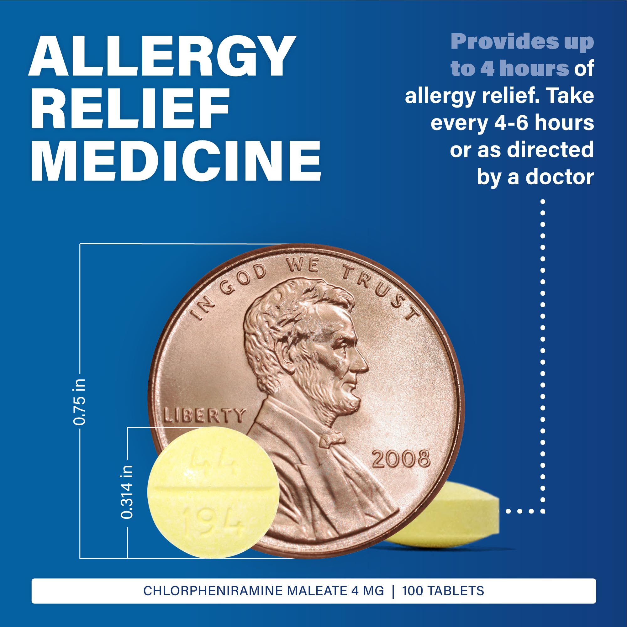 MAJOR Chlorpheniramine 4 Mg Tabs - Chlorpheniramine Maleate 4-Hour Allergy Medicine Tablets - Antihistamine for Sneezing, Itchy and Watery Eyes, Itchy Throat, Runny Nose - 100 Tablets per Bottle