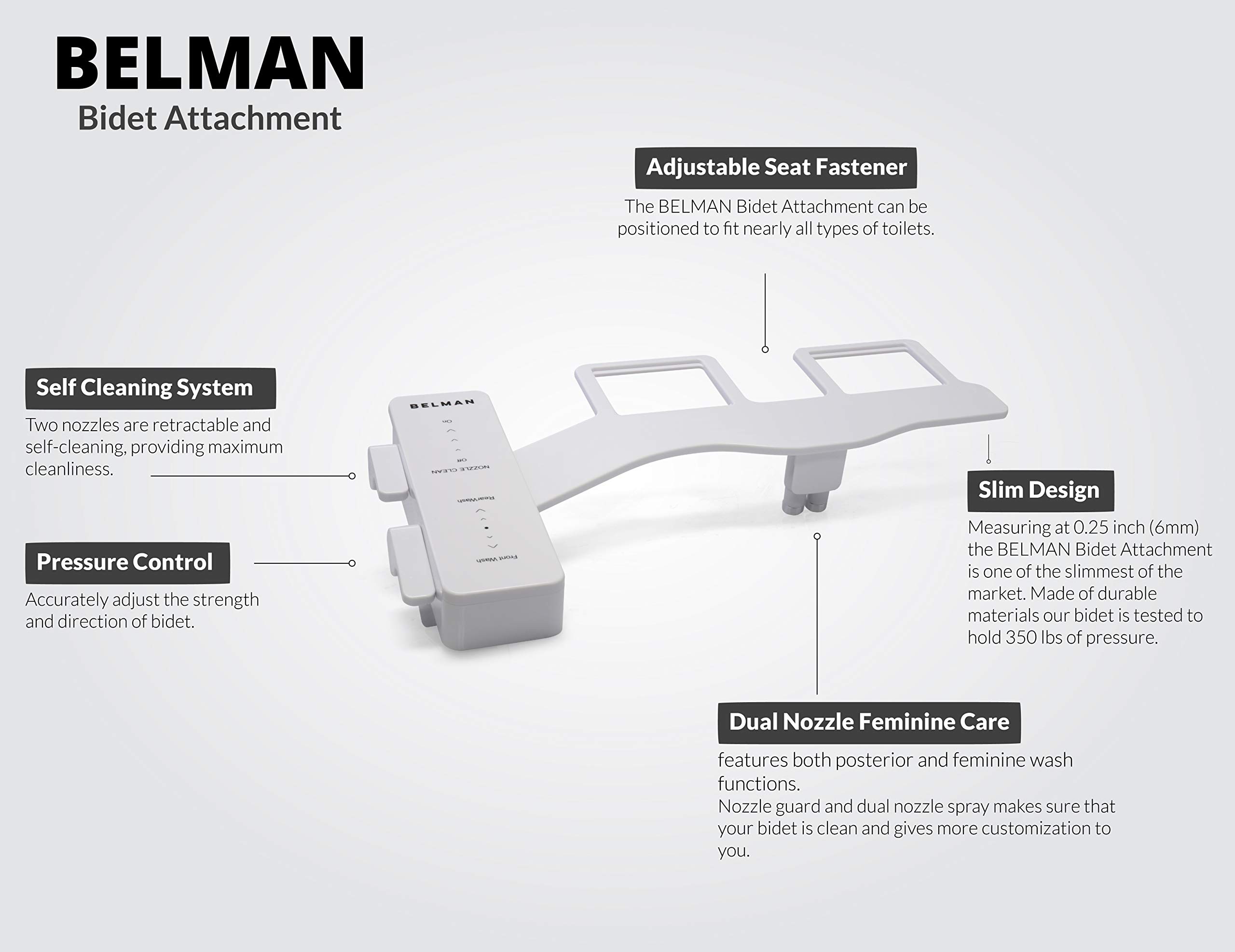 BELMAN Classic Bidet Toilet Attachment - Modern & Slim - Fresh Clean Water Sprayer - Self Cleaning Dual Wash Nozzles - Adjustable Water Pressure - Non-Electric Quick Installation - White