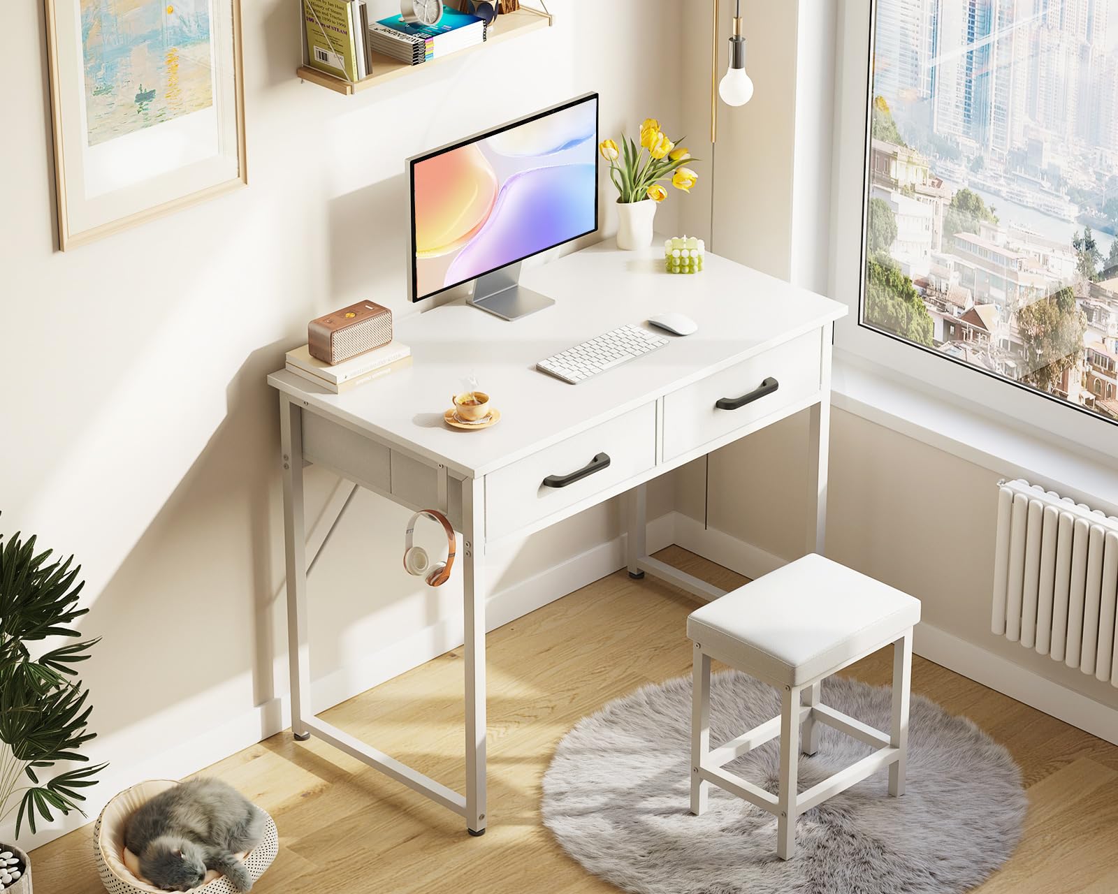 AODK Vanity Desk with 2 Fabric Drawers, 32 Inch Makeup Vanity Without Mirror, Small White Vanity Desk for Bedroom, Makeup Vanity Table with Chair, Kids Girls Vanity Set, White