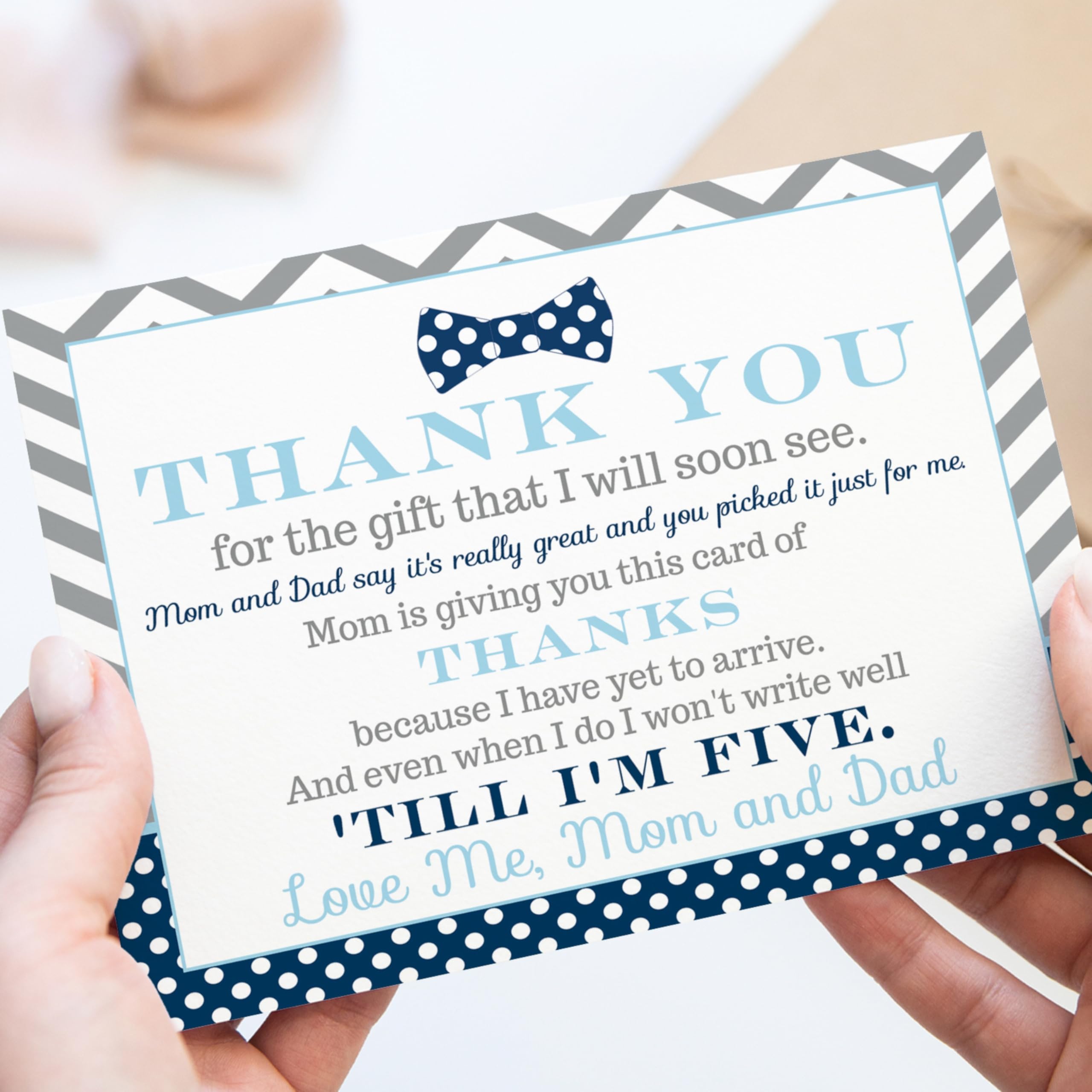 Paper Clever Party Bow Tie Baby Shower Thank You Cards with Envelopes Blank Notes Prefilled Message Boys Personalize for Registry Gifts Blue and Grey Notecard Set 4x6, 15 Pack Printed