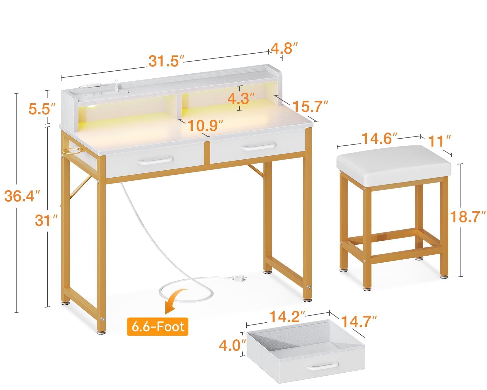 AODK Vanity Desk with Vanity Chair, Makeup Vanity with LED Lights, White Small Vanity Desk Without Mirror, 32 Inch Makeup Table for Small Space with 2 Fabric Drawers, Desk Make Up Vanity for Girls