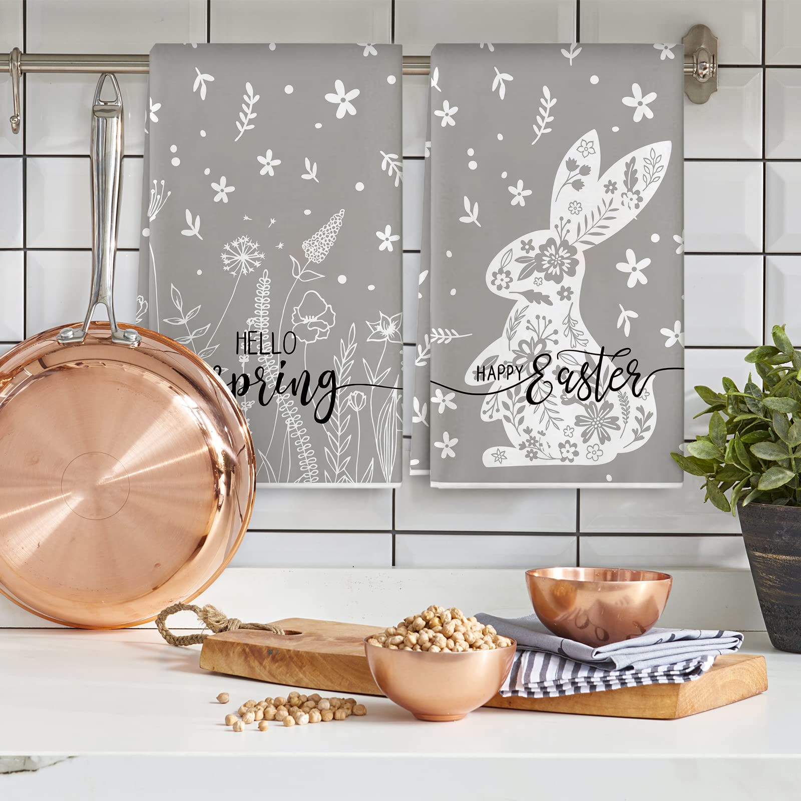 AnyDesign Easter Spring Kitchen Towel Gray Farmhouse Easter Bunny Rabbit Floral Dish Towel 18 x 28 Inch Rustic Hand Drying Tea Towel for Cooking Baking Cleaning Wipes, Set of 2