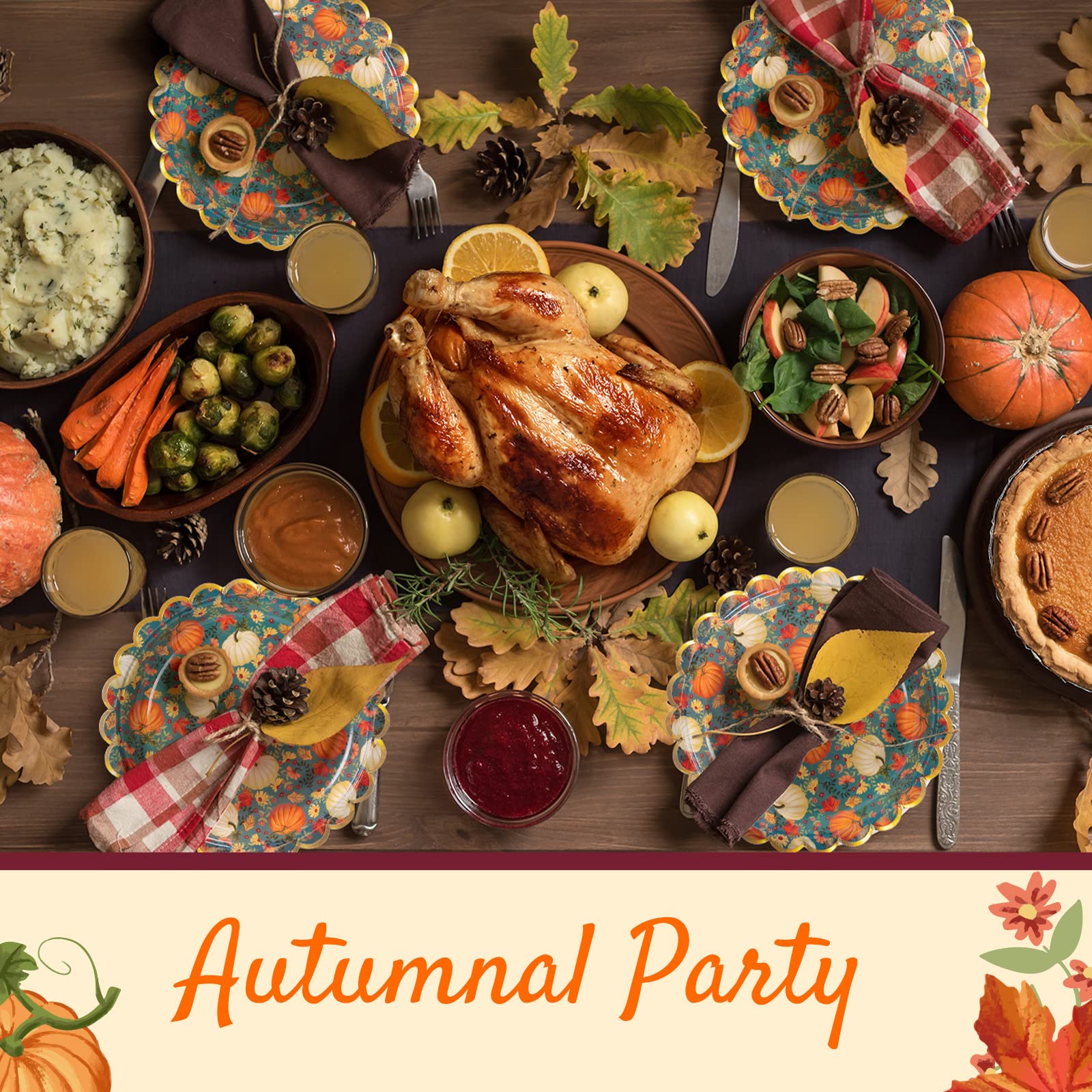 Confettiville Thanksgiving Paper Plates, 50-Count Fall-Themed Decorative Disposable Serving Plates, Teal, Gold Foil Scalloped Edge, 9 Inches
