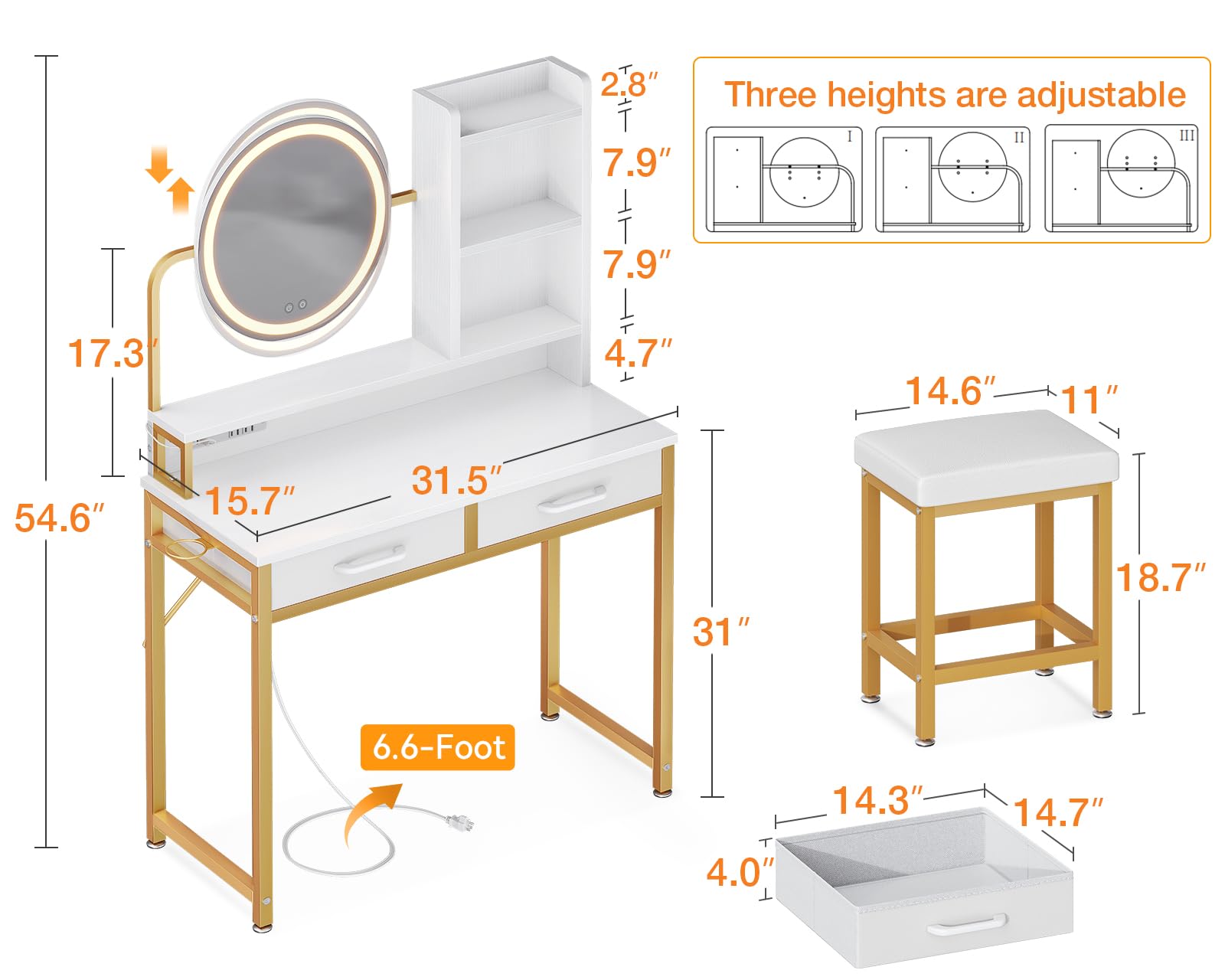 AODK Vanity Desk with Mirror and Lights, 32 Inch Makeup Vanity Mirror with Lights Desk and Chair, Small Vanity Desk Mirror for Bedroom, White Vanity Table with Fabric Drawers Makeup Table Desk, White