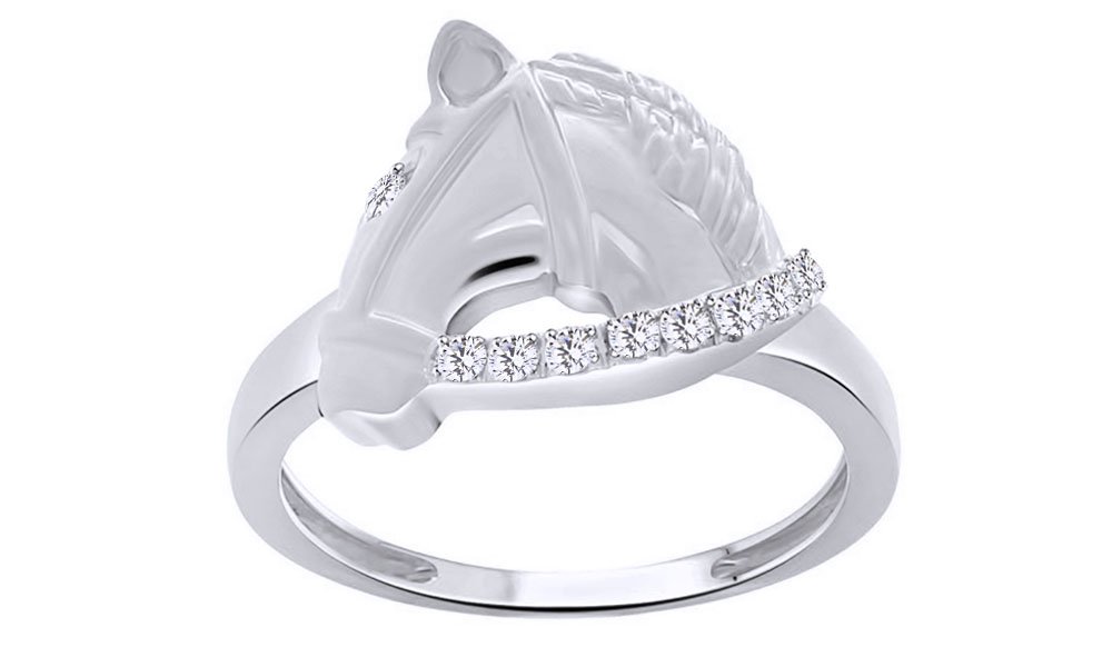 AFFY White Natural Diamond Horse Ring in 10k White Gold (0.1 Cttw)