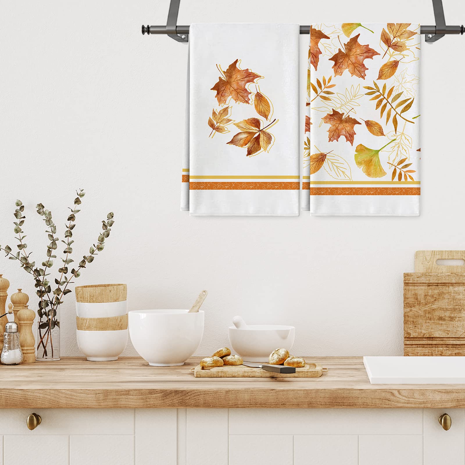 AnyDesign Fall Kitchen Dish Towel 18 x 28 Inch Autumn Leaves Tea Towel Rustic Maple Leaves Dishcloth Farmhouse Hand Drying Cloth Towel for Holiday Kitchen Cooking Baking, 2 Pack