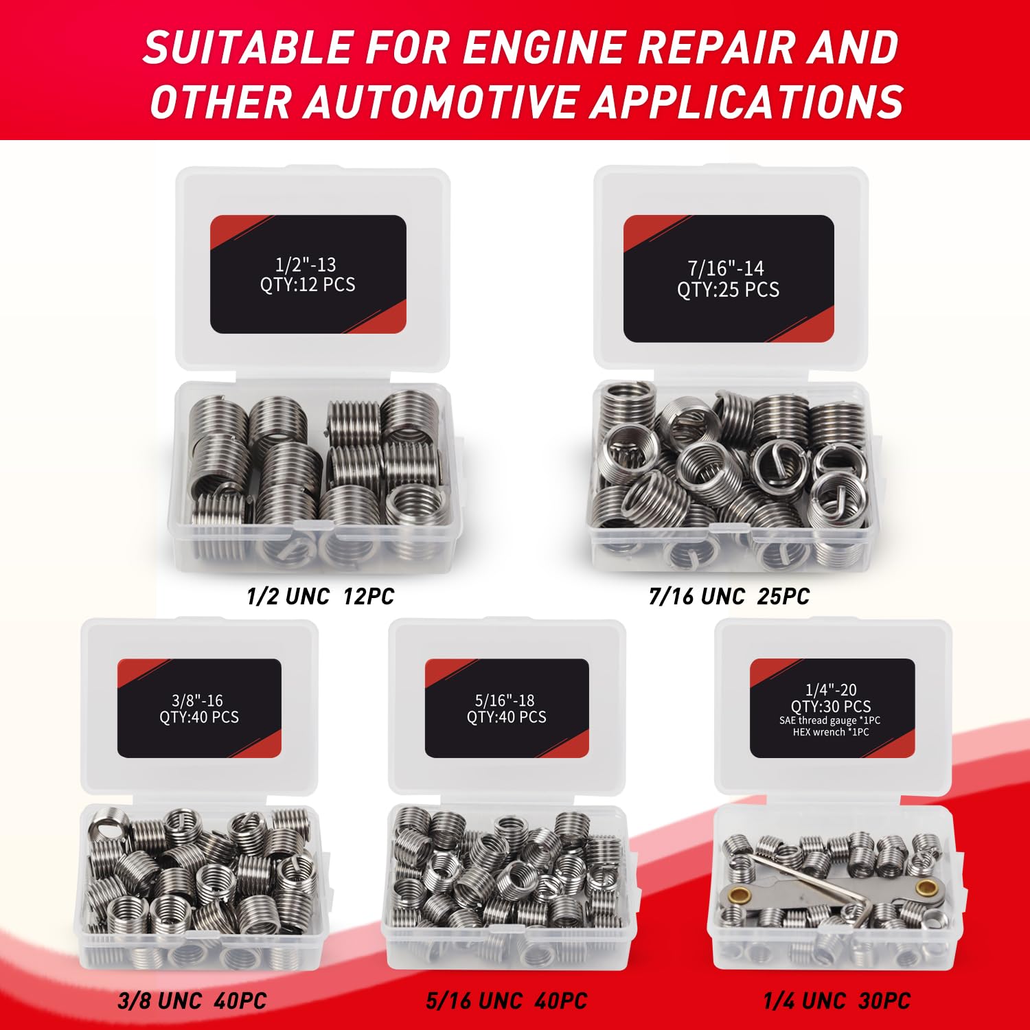 AKM 338Pc Thread Repair Kit, HSS Drill Helicoil Repair Kit SAE&Metric,1/4" 5/16" 3/8" 7/16" 1/2" M5 M6 M8 M10 M12 Kit with Thread Gauge