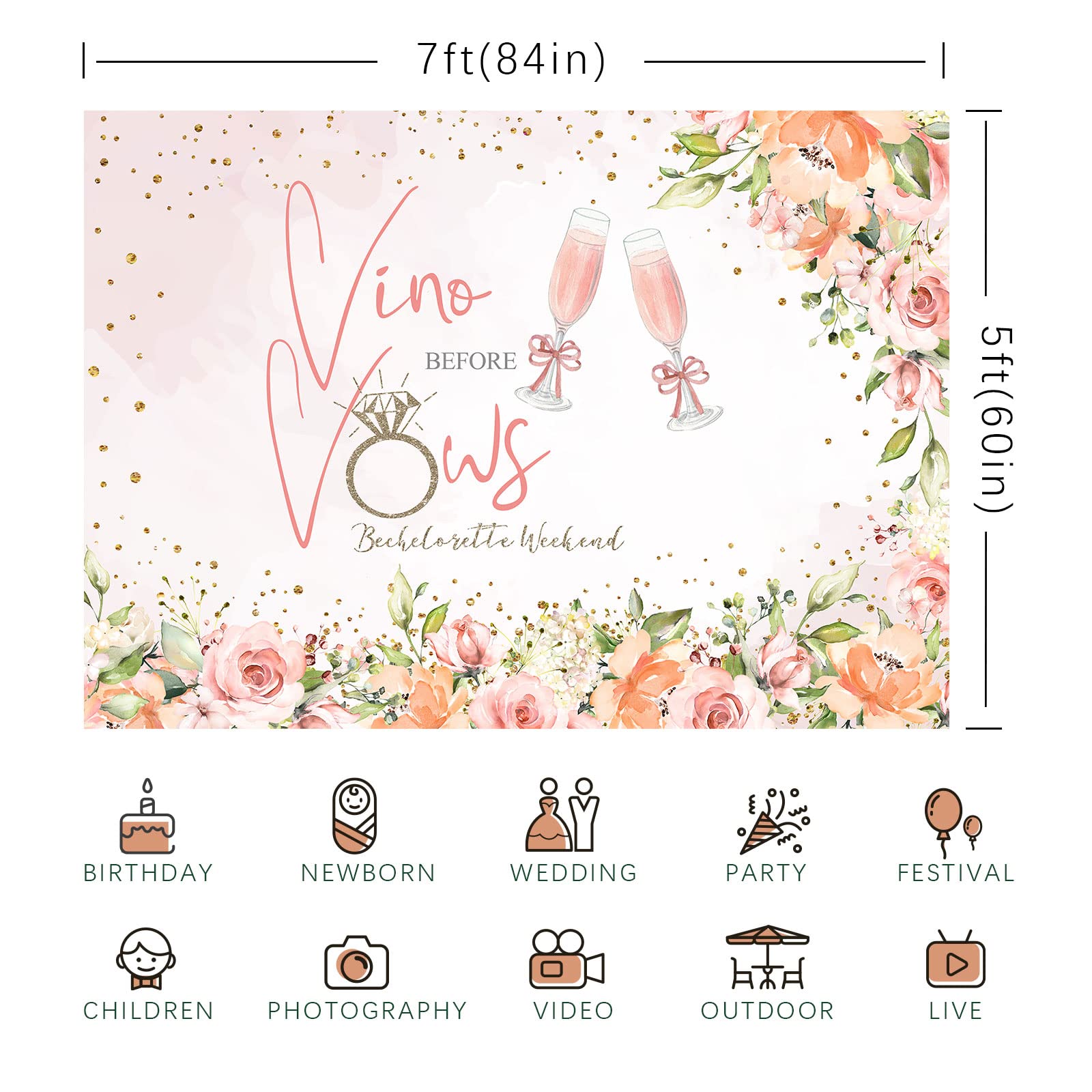 Rsuuinu Vino Before Vows Bachelorette Weekend Backdrop for Parties Glitter Dots Flowers Ring Champagne Bride to Be Photography Background Bach Party Wedding Decorations Banner Photo Booth Props 7x5ft