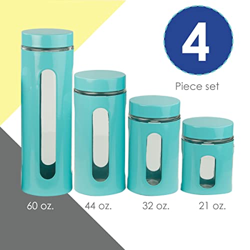 Kitchen Canisters For Countertop By Home Basics | Retro-Styled Canisters For Kitchen Counter | Stainless Steel and Glass Kitchen Canister Set, With See-Through Windows (Turquoise), 4 Pieces
