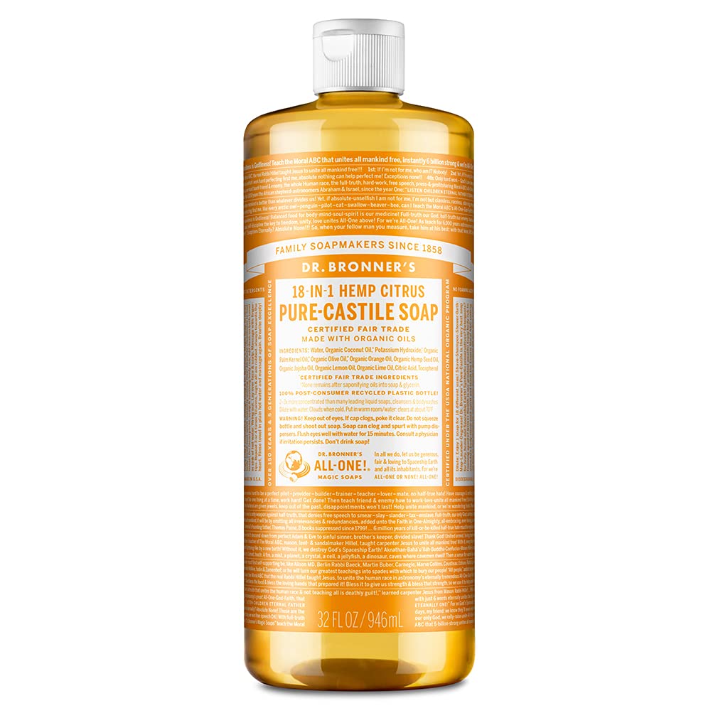 Dr. Bronner's - Pure-Castile Liquid Soap (Citrus, 32 ounce) - Made with Organic Oils, 18-in-1 Uses: Face, Body, Hair, Laundry, Pets and Dishes, Concentrated, Vegan, Non-GMO