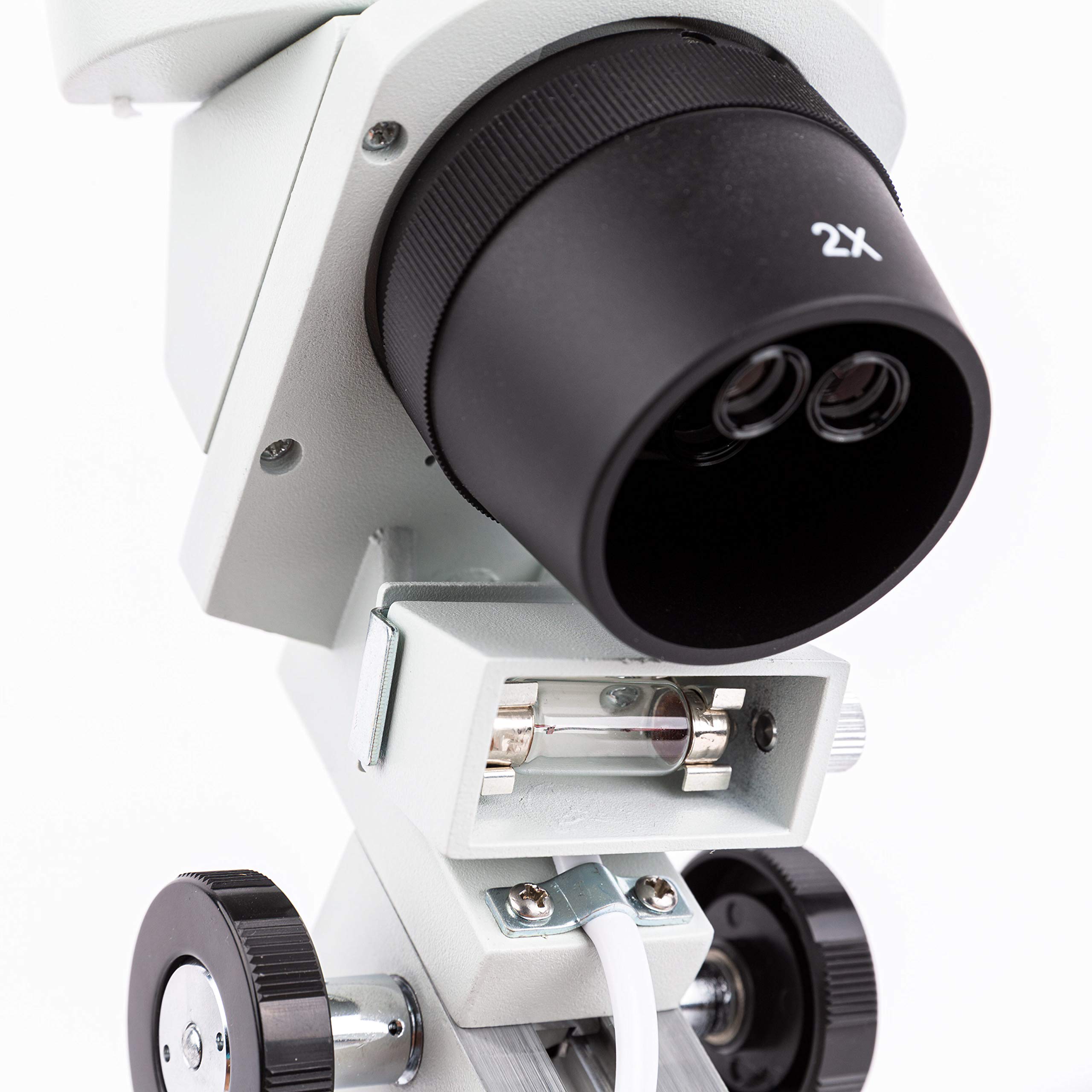 AmScope SE306R-AZ-E1 Digital Forward-Mounted Binocular Stereo Microscope, WF10x and WF20x Eyepieces, 20X/40X/80X Magnification, 2X and 4X Objectives, Upper and Lower Halogen Lighting, Reversible Black/White Stage Plate, Arm Stand, 120V, Includes 1.3MP Cam
