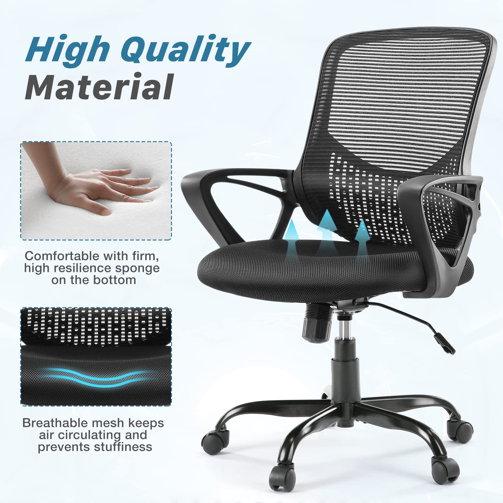 AFO Home Office Chair Mid Ergonomic Lumbar Support and Armrests, Adjustable Height, Breathable Mesh Back, 360 Degree Swirl, Rocking Mode, Black