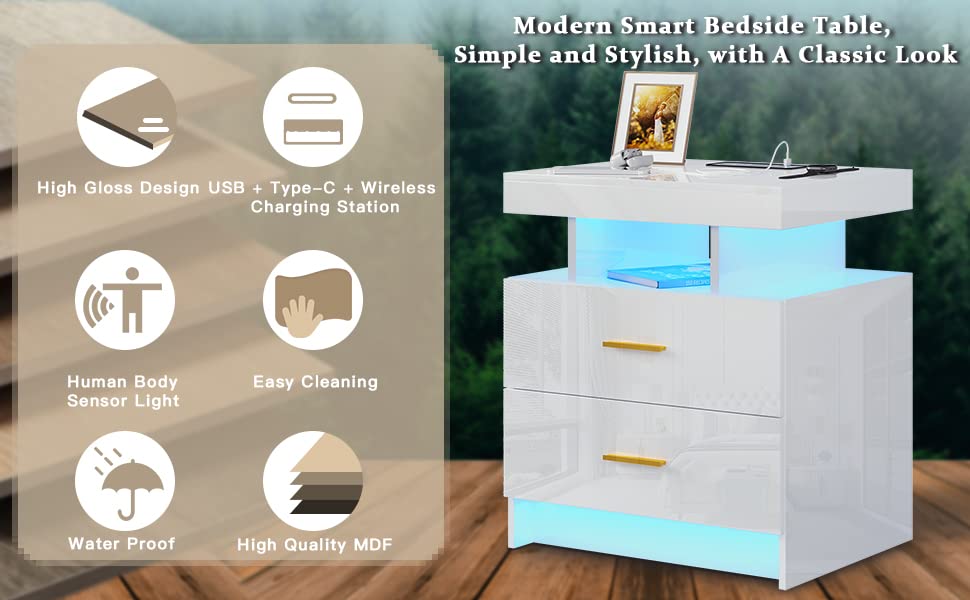 HNEBC Auto LED Nightstands Set of 2,Modern Bedside Table with 2 Ports & Wireless Charging Station,High Gloss Bedside Tables with 2 Drawers,Nightstands for Bedrooms/Living Room (White)