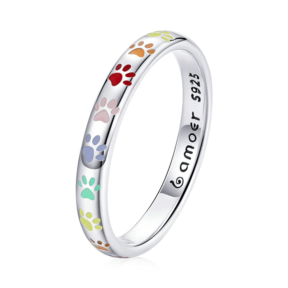 BISAER S925 Sterling Silver Puppy Dog Cat Paw Ring, Multicolor Pet Print Enamel Ring for Women 3-3.4mm