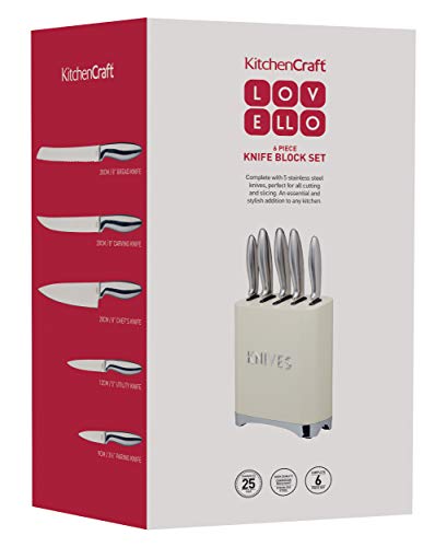 Kitchen Craft Lovello Retro 5-Piece Stainless Steel Knife Set and Knife Block – Vanilla Cream