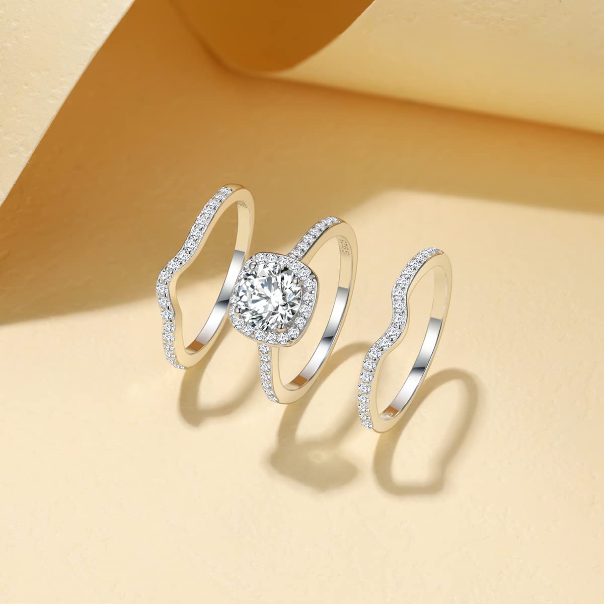 925 Sterling Silver 3 Pcs Bridal Ring Sets Round Cut CZ Engagement Rings for Women Wedding Bands for Women Size 6 7 8 9 (Silver, 6)
