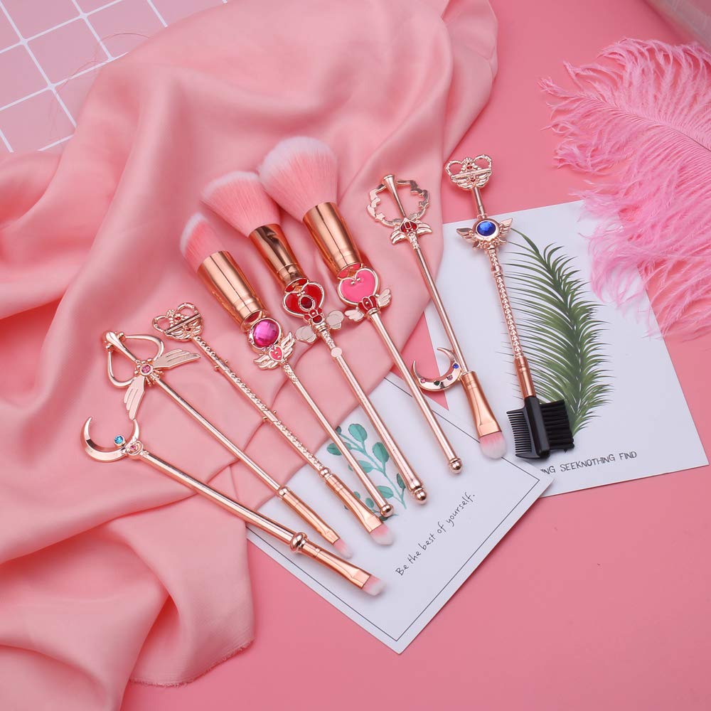 8 Pcs Kawaii Makeup Brush Set with Cute Pink Pouch, Cardcaptor Cosmetic Makeup Tool Sets & Kits for Daily Use and Valentine's Day/Thanksgiving/Birthday Gift - B