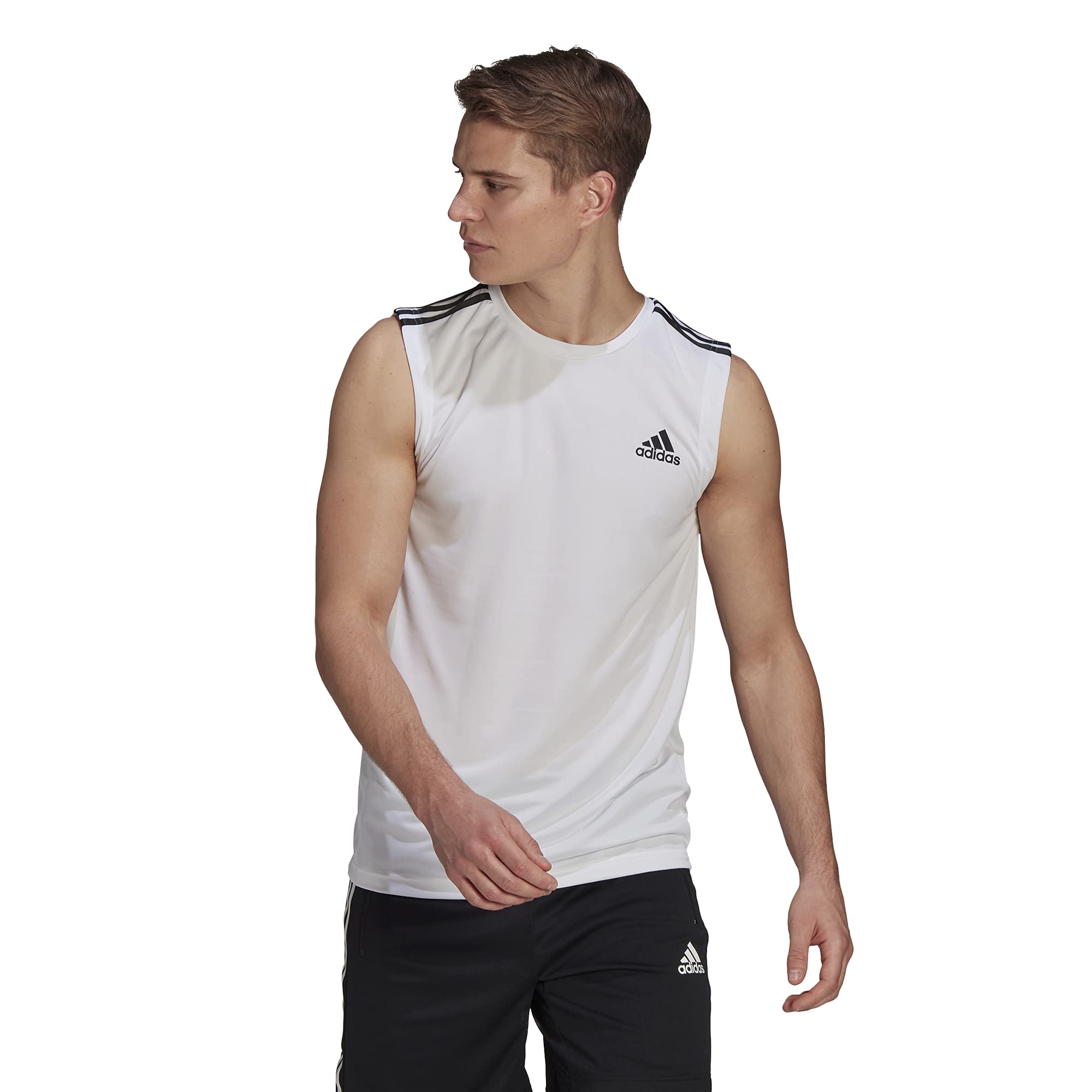 adidas Men's AEROREADY Designed 2 Move Sport 3-Stripes Tank Top, White, Large