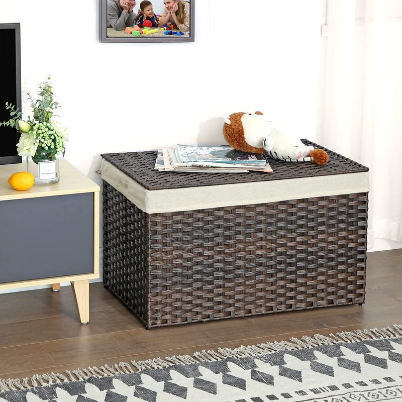 SONGMICS Storage Basket with Lid, Rattan-Style Storage Trunk with Cotton Liner and Handles, for Bedroom Closet Laundry Room, 29.9 x 17.1 x 18.1 Inches, Brown URST76BR