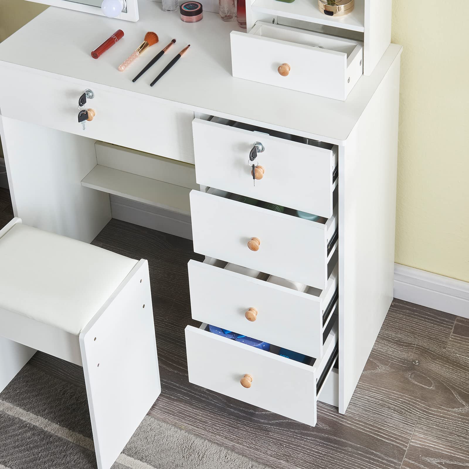 Abesthink Makeup Vanity,White Vanity with Mirror and Light Set Makeup Desk with Drawers and Mirror Lights Womens Vanity Dressing Table with Mirror and Stool for Bedroom