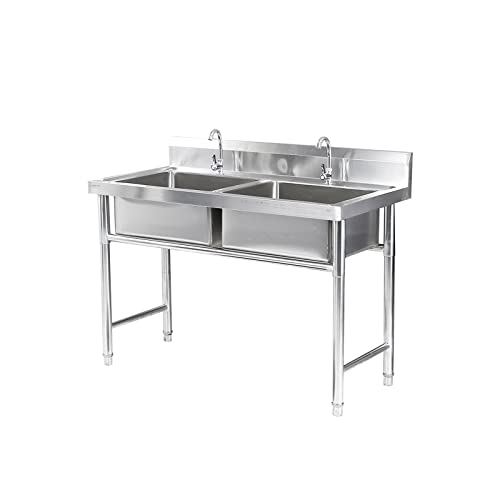 Commercial/Industrial Sink,2 Compartment Outdoor Garage Sink,Freestanding Kitchen Stainless Steel Sink w/Workbench & Storage Shelves, Prep & Utility Washing Hand Basin for Laundry. ( Size : 100*50*80+