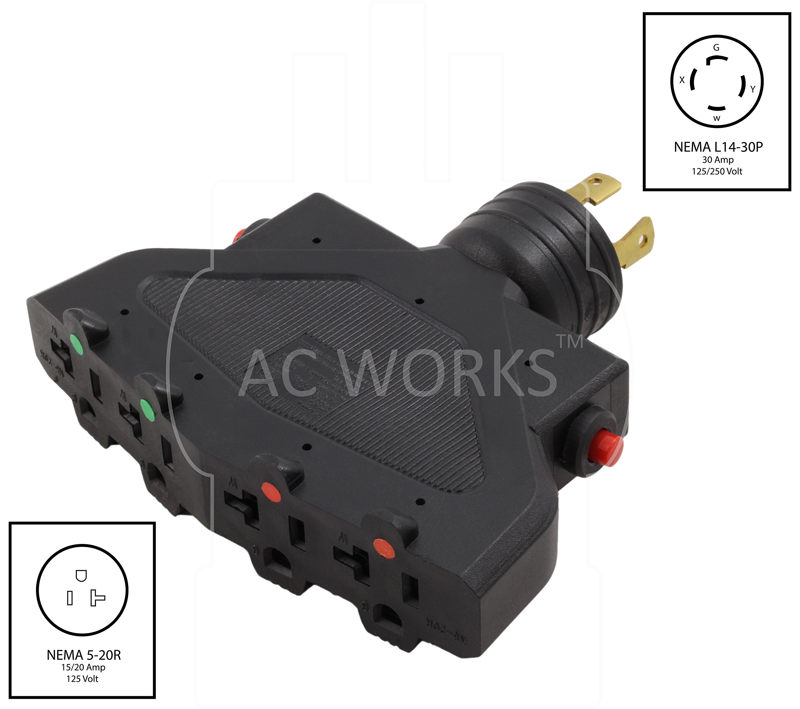 AC WORKS L14-30 30Amp 4-Prong Locking Generator Distribution Cord (L14-30 to Four 15/20A Household with Breaker)
