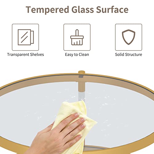 OIOG 2 Tier Coffee Table with Acrylic Legs,32.3" Wide Round Coffee Table with Glass Top, Modern Center Table for Living Room, Studio Apartment,Glass/Gold