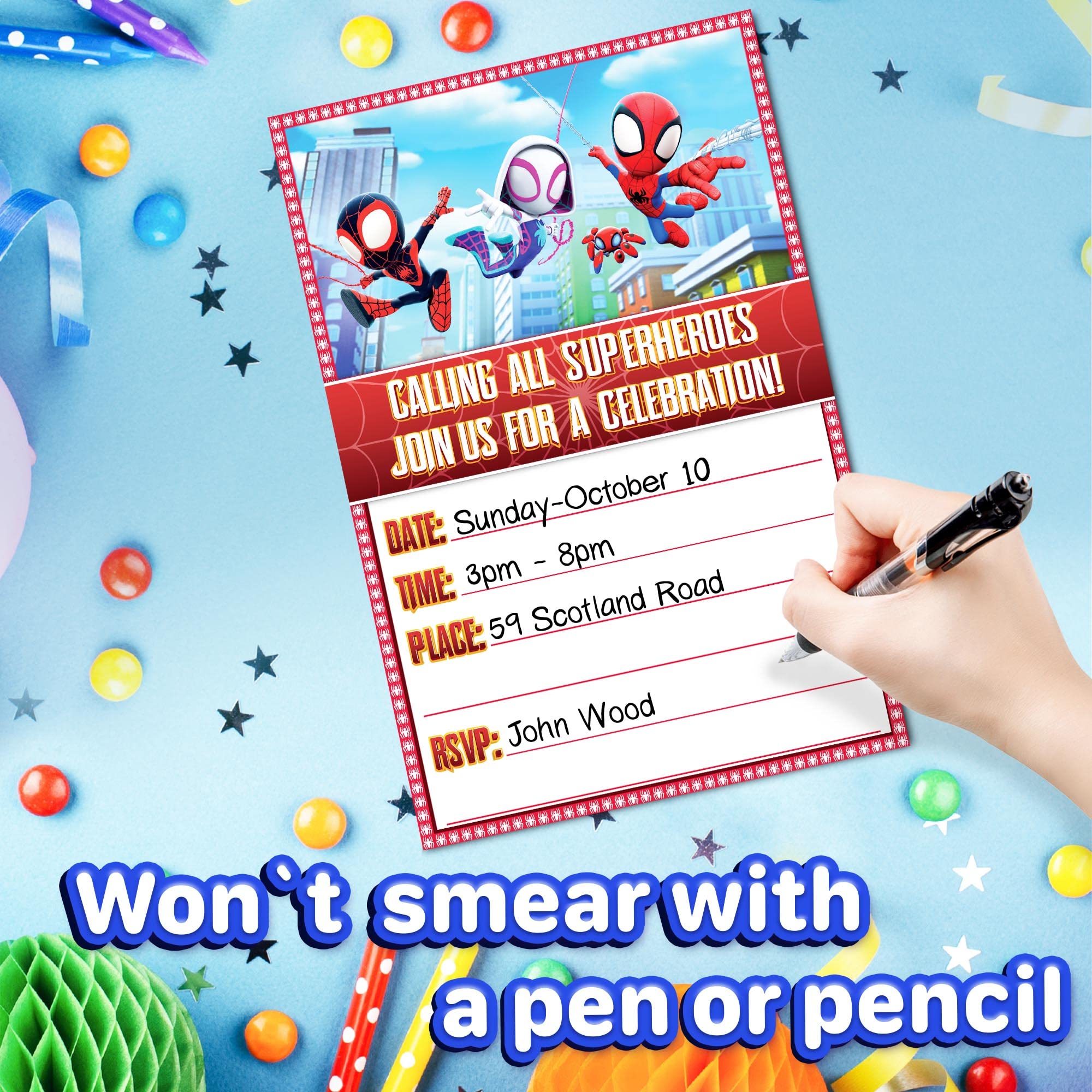 Set of 20 Spidey -Themed Happy Birthday Invitation Cards & Envelopes - Lightweight (240g), Postcard Style Invites for the Perfect Party Pack