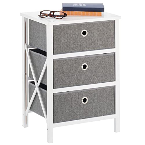 mDesign 3 Drawer Foldable Dresser Storage Unit - Wood Frame, Easy Pull Fabric Bins - Farmhouse Organizer Unit for Household Storage Bedroom, Hallway, Entryway, Closets - Gray/White