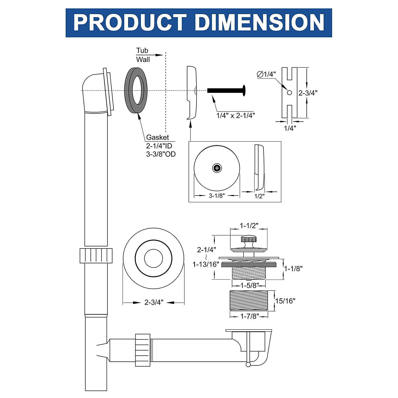 Anpean Brass Bathtub Drain Kit, Lift and Turn Tub Drain Kit with Single Hole Overflow Faceplate, Matte Black