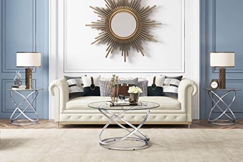 OIOG Round Coffee Table, Glass Coffee Tables for Living Room, Modern Coffee Table with Tempered Glass Tabletop, Chrome Finish (Silver)