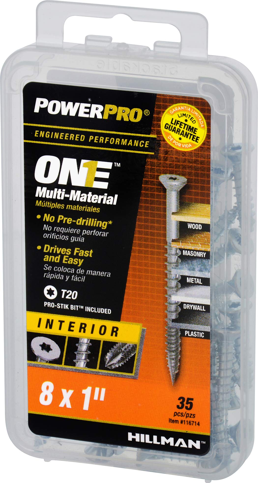 Power Pro Premium One Multi-Material Flat Head Screws, Zinc Plated Steel, Fasten in Wood, Metal, Concrete, Drywall and Plastic, Silver, #8 x 1 inch, Box of 35 Screws