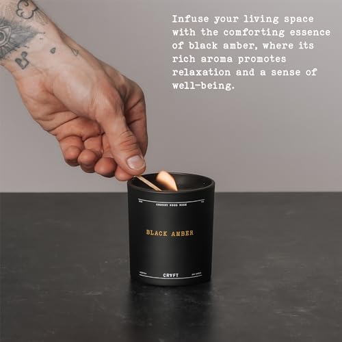 CRVFT Men's Candle - Cherry Wood Candle - Soy Candle 45 Hour Burn Time - Room Decor and Housewarming Gift for Men - 7oz/200g (Black Amber)
