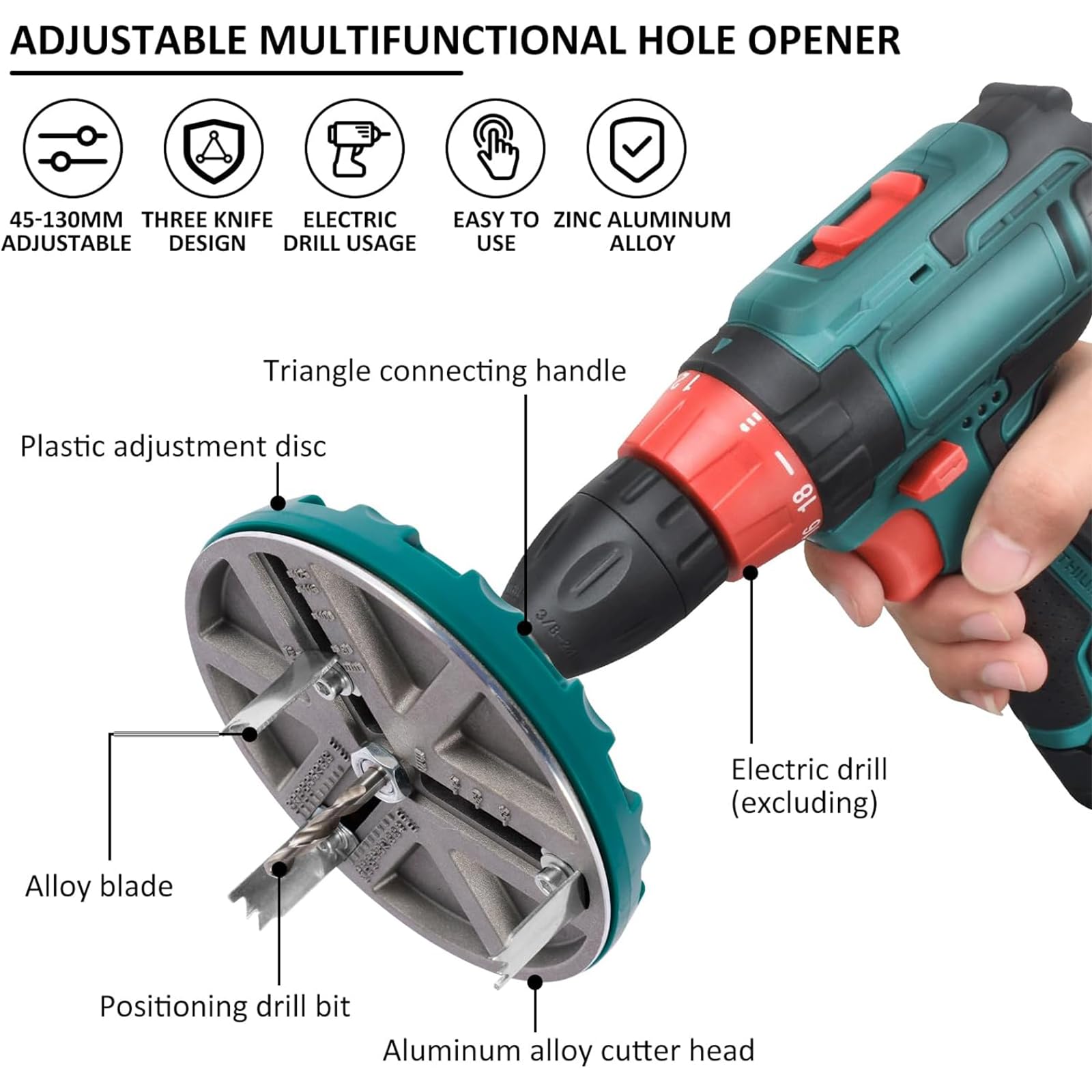 Adjustable Round Hole Saw Tool, Adjustable Punch Saw Tool For Drilling,Adjustable Hole Saw, Adjustable Hole Cutter, Woodworking Tools, Saw Diameter 45-130MM With Bit(Saw+9 Blades)