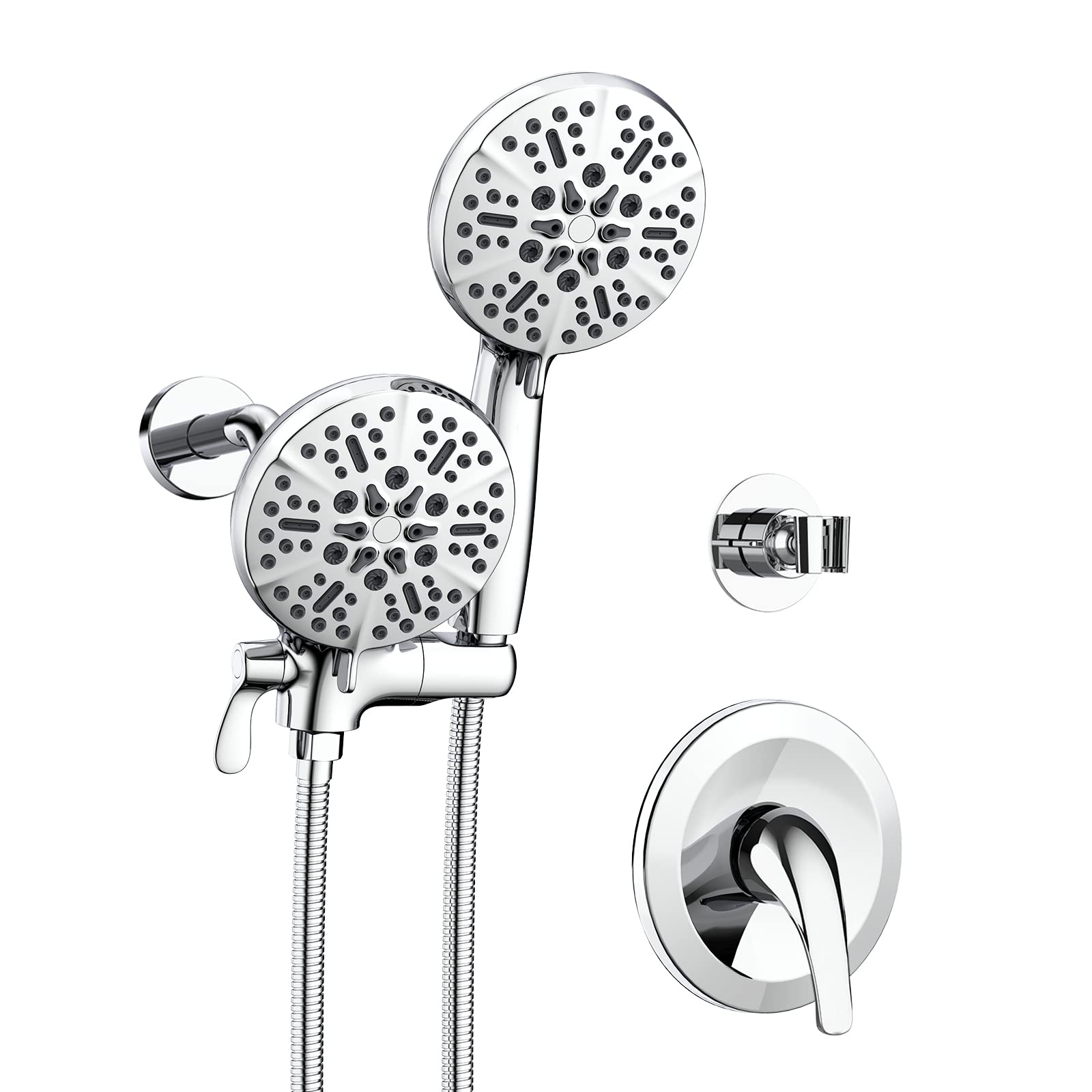 Astomi 63-Setting Dual Shower Head Faucet Set, 2 in 1 High Pressure Rain Shower Head with 7 Functions Handheld Spray, Chrome 3-Way Diverter Shower System Include Brass Valve and Trim Kit