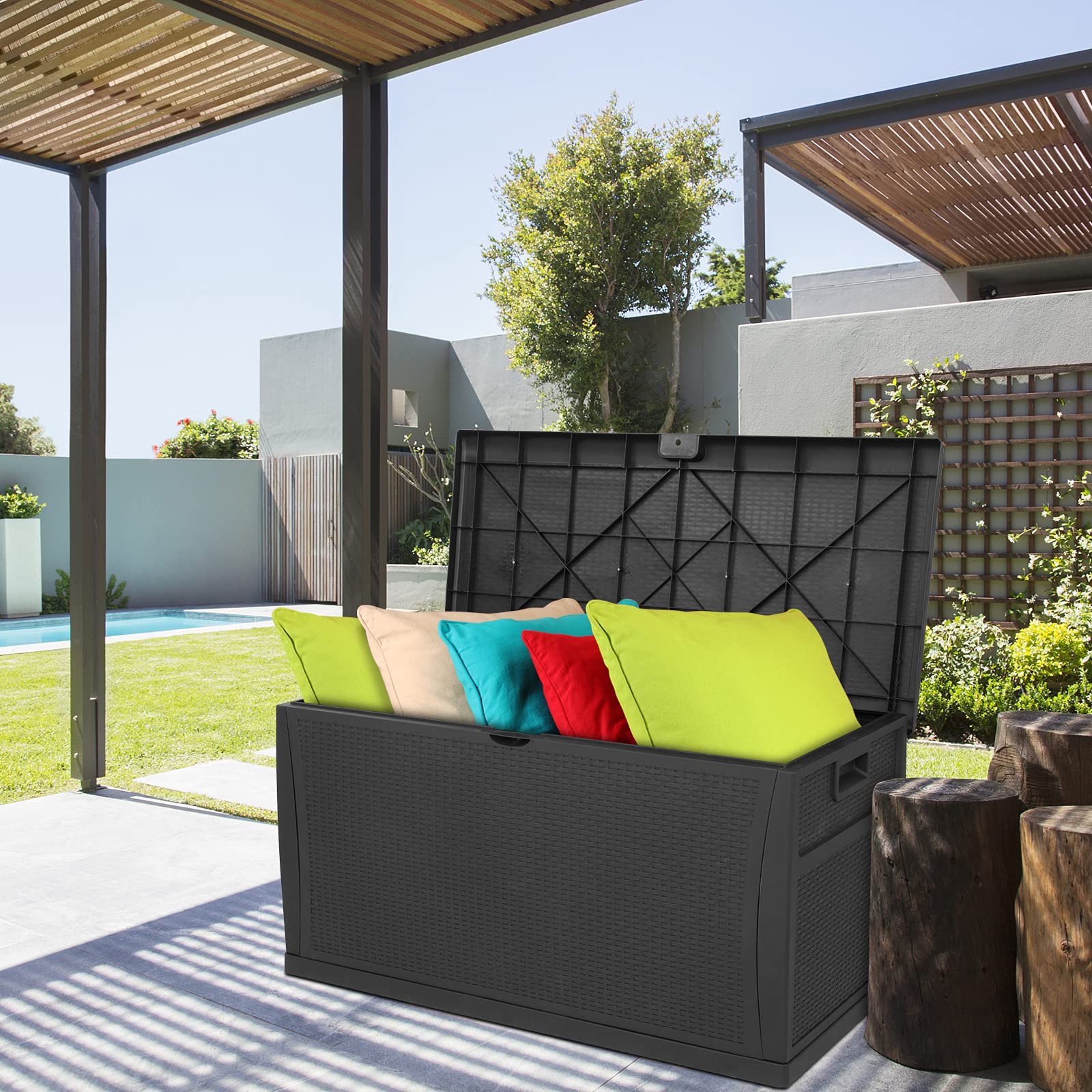 VINGLI 120 Gallon Large Deck Box Outdoor Storage Box with Lid, Plastic Patio Furniture Container Bin Rattan Grain Surface for Cushions Books Garden Tools Pool Accessories (Grey)
