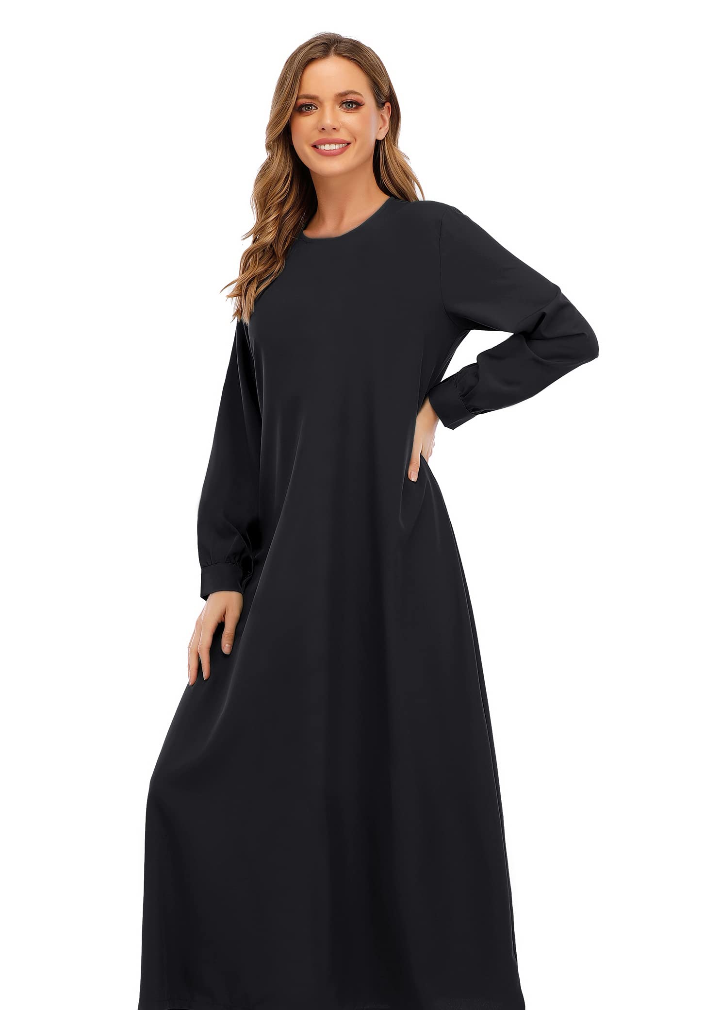 Abetteric Womens Abaya Long Sleeve Muslim Dress Prayer Clothes Casual Islamic Kaftan with Pocket Black Medium