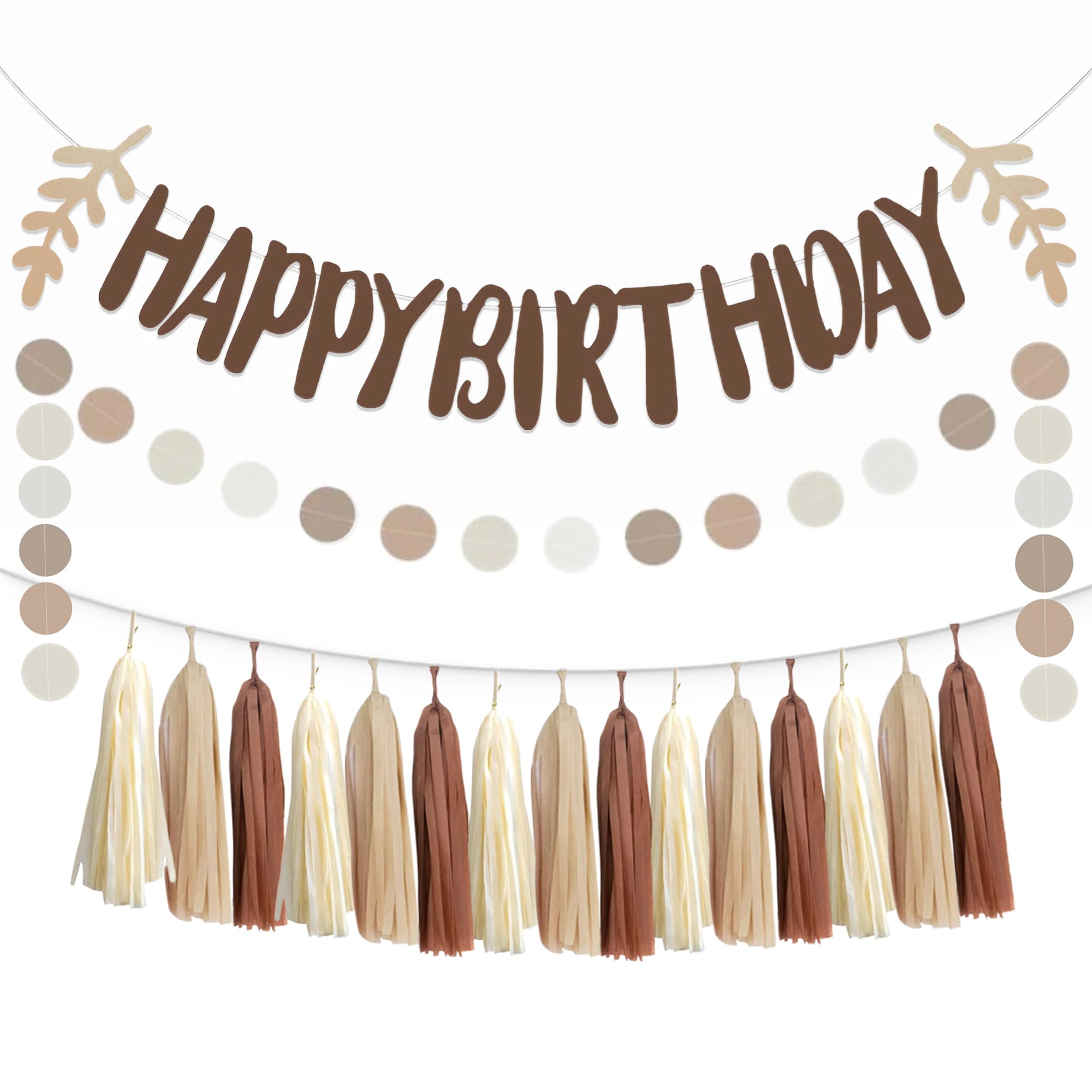 Brown Tan Boho Happy Bithday Sign Banner Gender Neutral Beige Party Tassel Garland Nude Circle Dot Hanging Paper Streamers Backdrop Teddy Bear 1st 2nd Birthday Party Nursery DƩcor
