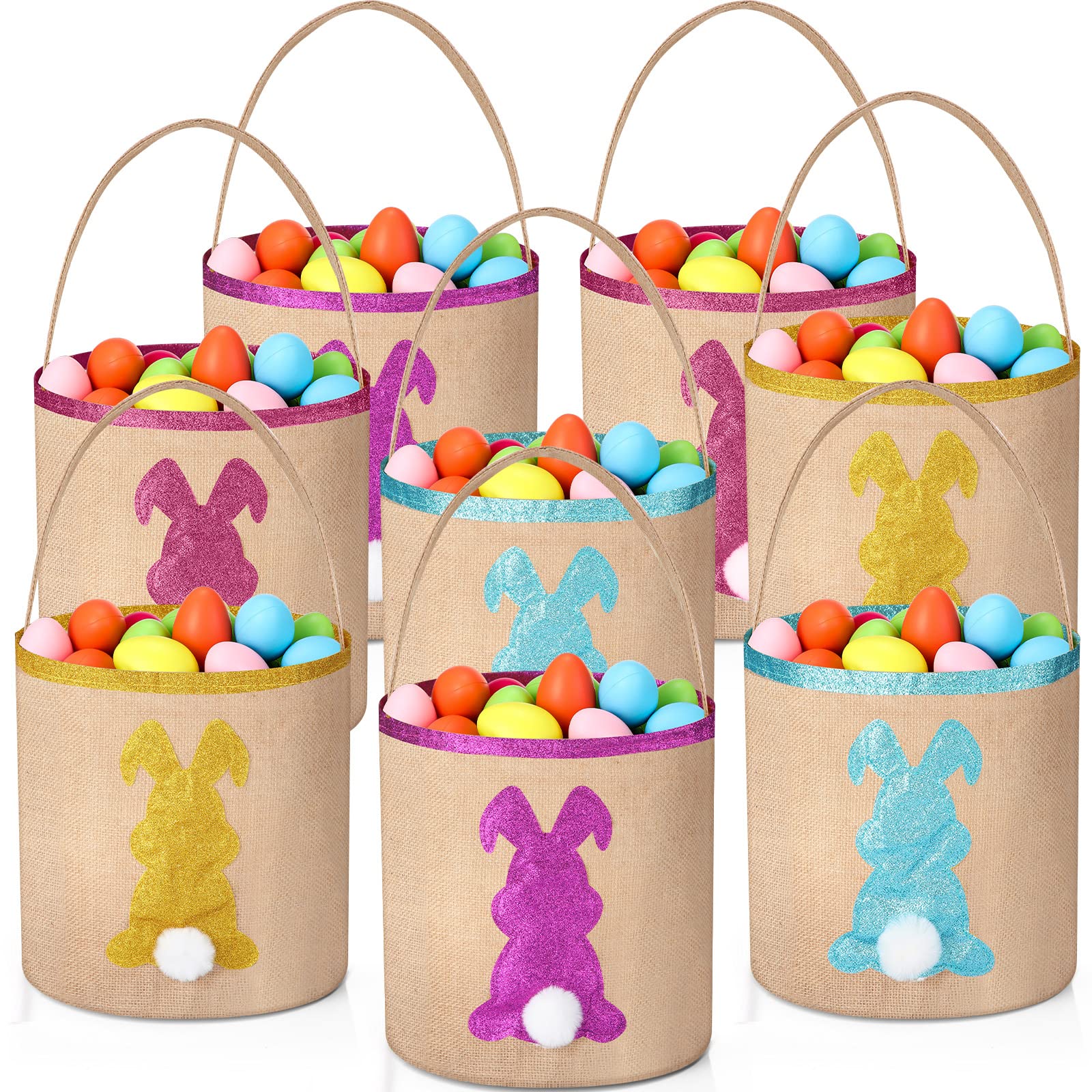 8 Pieces Easter Bunny Basket Bag Burlap Basket Egg Hunt Basket Fluffy Tails Rabbit Basket Tote Bag for Carrying and Eggs Hunt Bags